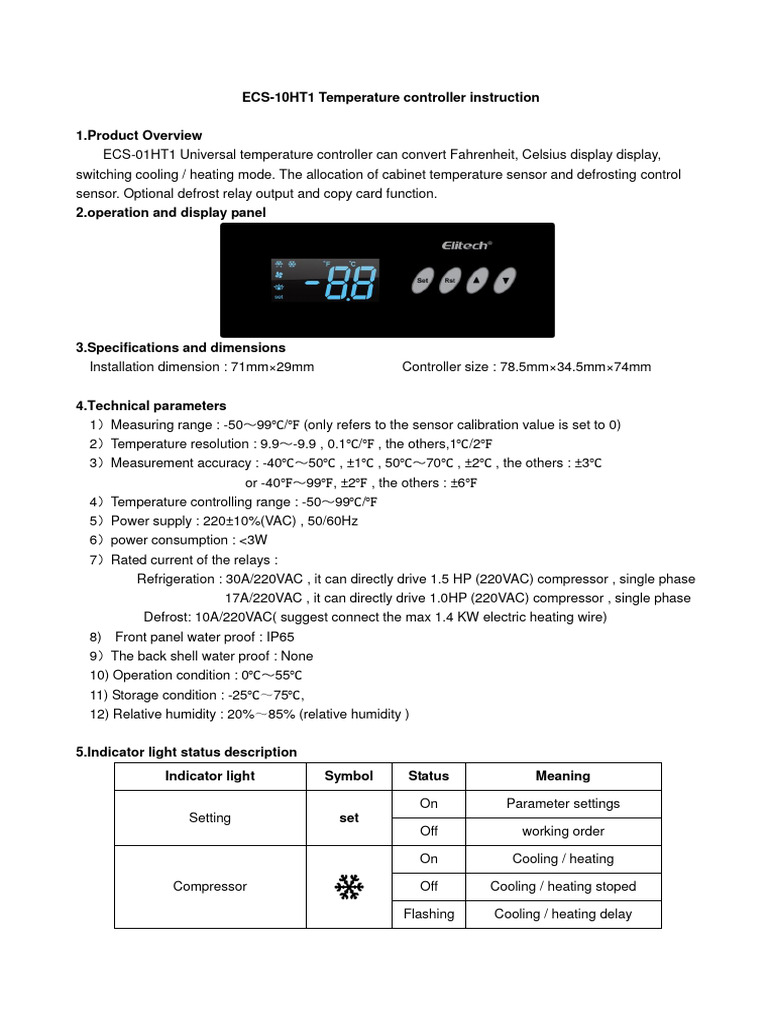 ECS-10HT1 Temperature Controller Instruction | PDF | Fahrenheit | Celsius