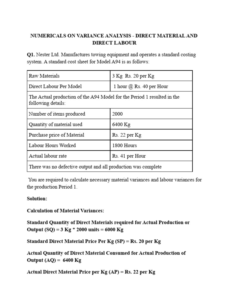 Numericals On Variance Analysis - Direct Material and Direct Labour ...