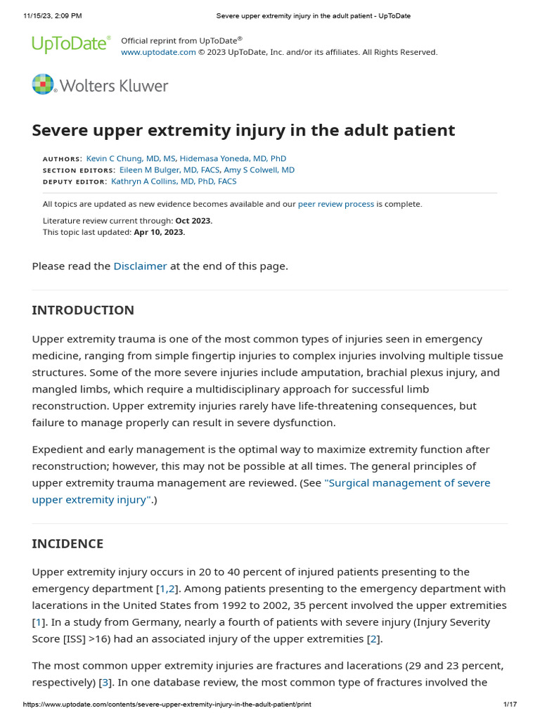Severe Upper Extremity Injury in The Adult Patient - UpToDate | PDF ...