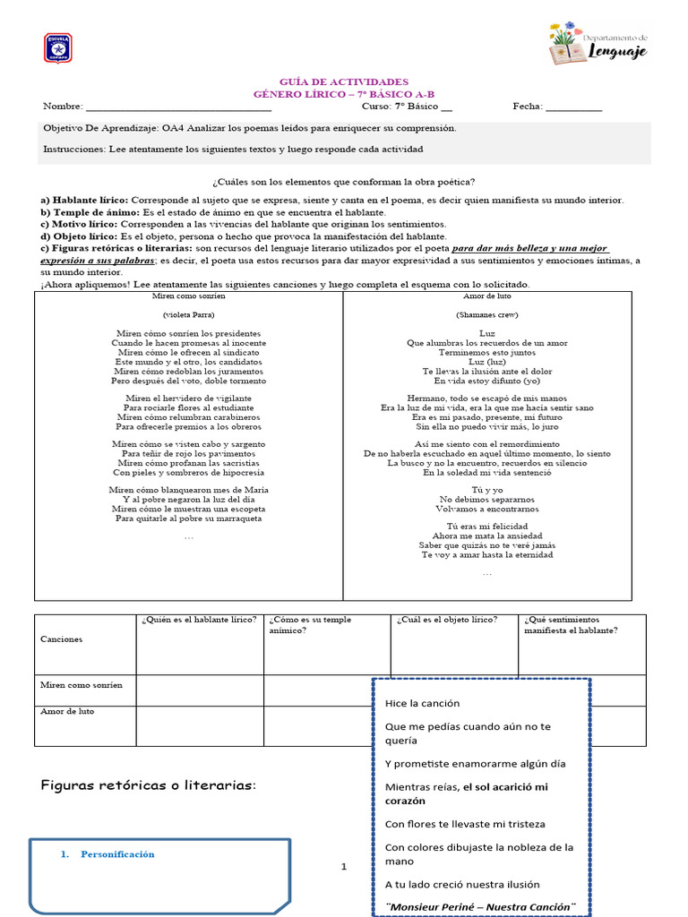 Género Lírico 7° Actividades | PDF | Amor