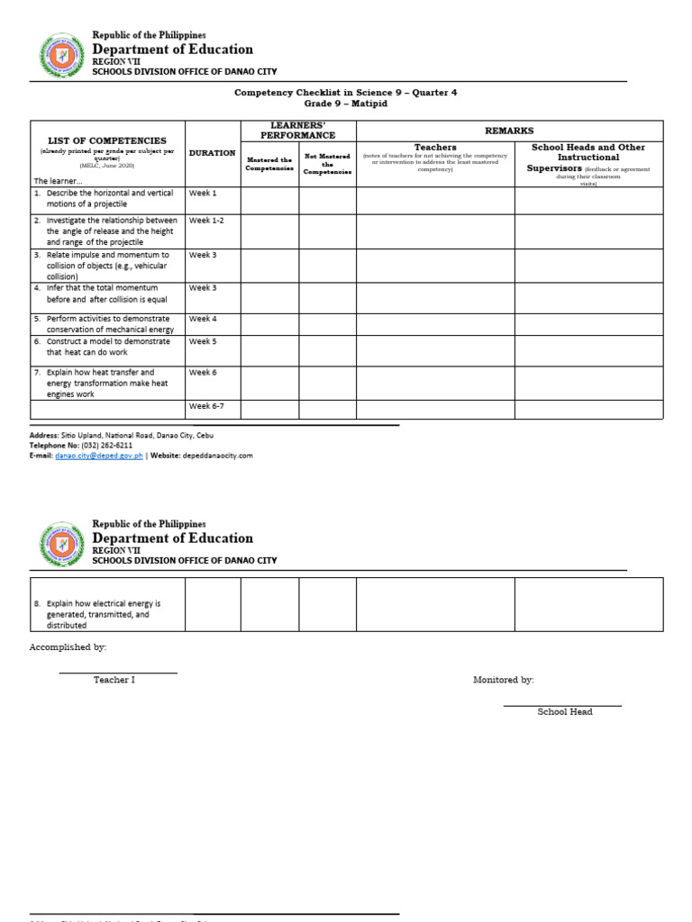 COMPETENCY CHECKLIST_Science9_Q4 | PDF | Momentum | Applied And ...