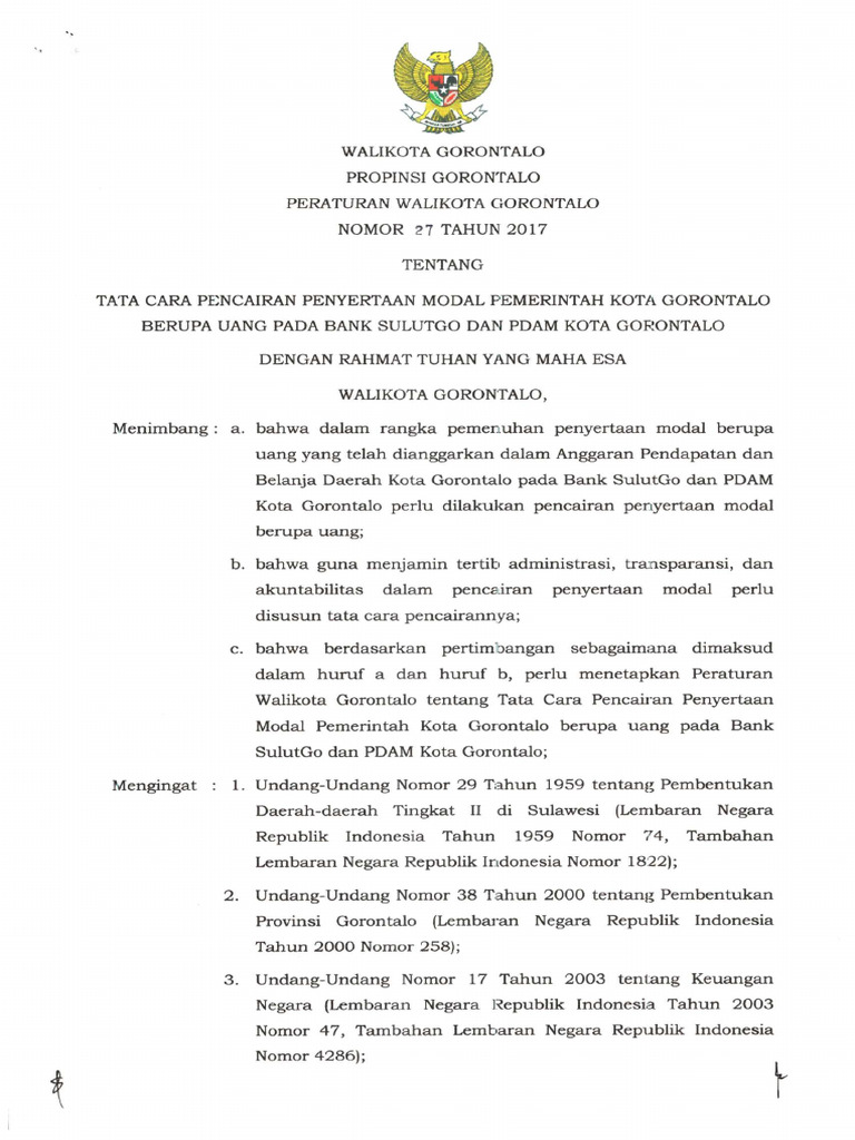Perwako Kota Gorontalo No 27 TH 2017 TTG TT Cara Pencairan Penyertaan ...