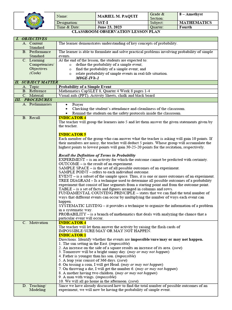 WLP G8 - Q4WK8 | PDF | Numbers | Probability