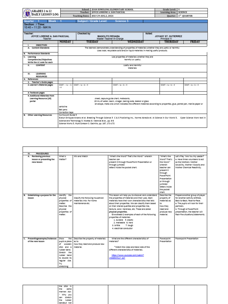 DLL Science-5 Q1 W1-Sanpascual | PDF | Ductility | Brittleness