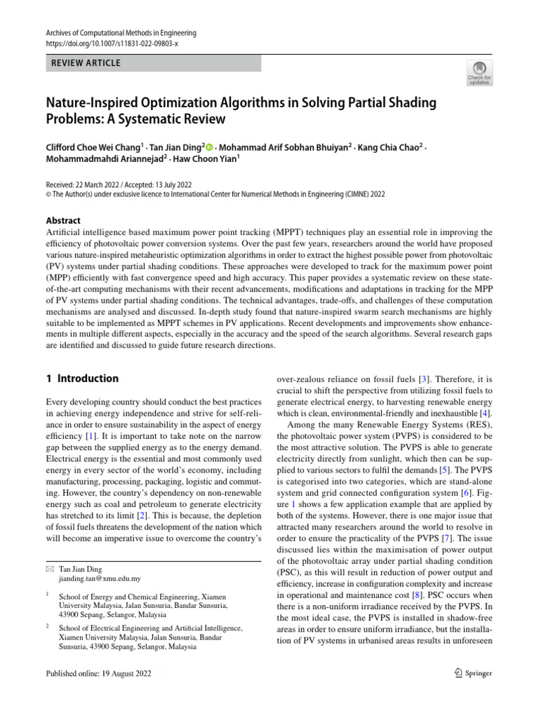 Nature Inspired Optimization Algorithms in Solving Partial Shading Problems: A Systematic Review ...