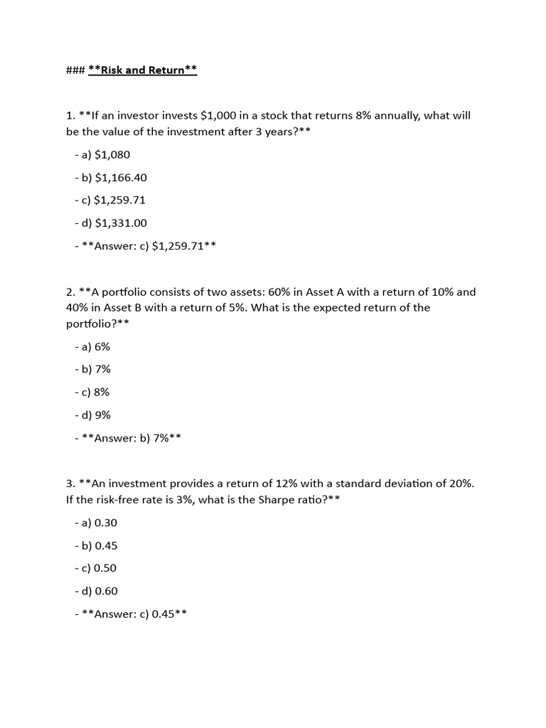 Risk and Return Mcqs | PDF | Present Value | Financial Risk