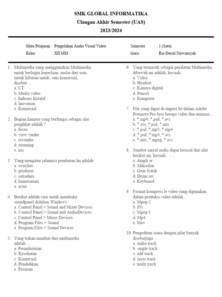 Uas SMT 1 - Xii MM - Pengolahan Audio Visual Video | PDF