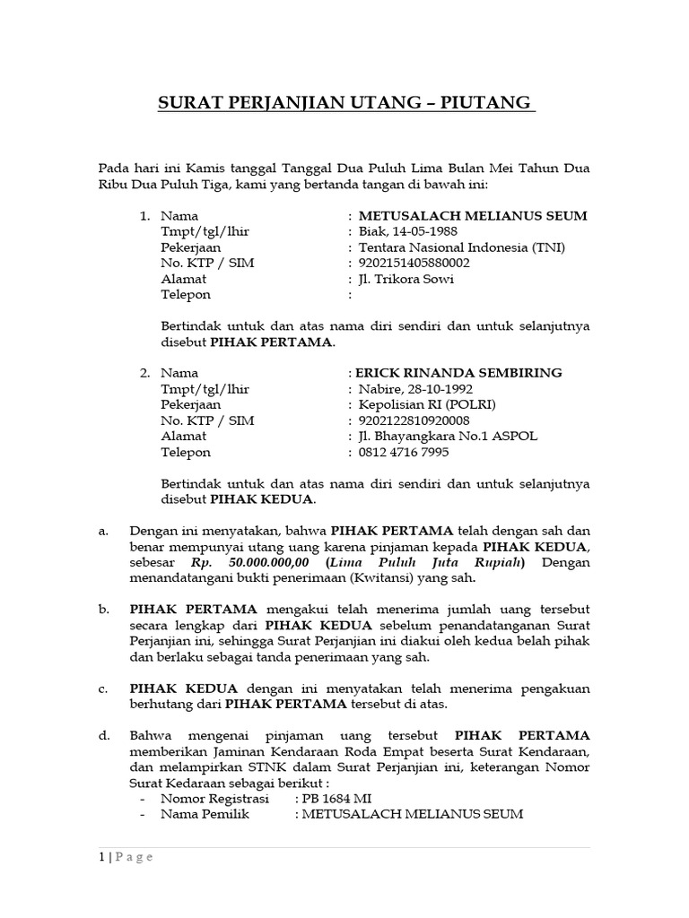 Contoh Surat Perjanjian Utang Piutang FH UII | PDF | Pengelolaan ...