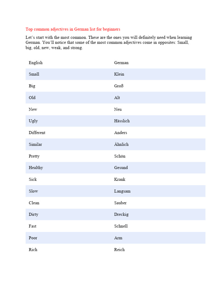 Common German Adjectives Guide | PDF | Adjective | Color