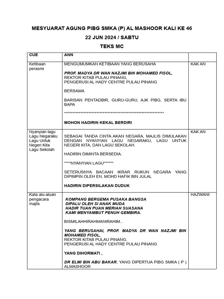 Teks MC Agm Pibg Kali Ke 46 2024 | PDF
