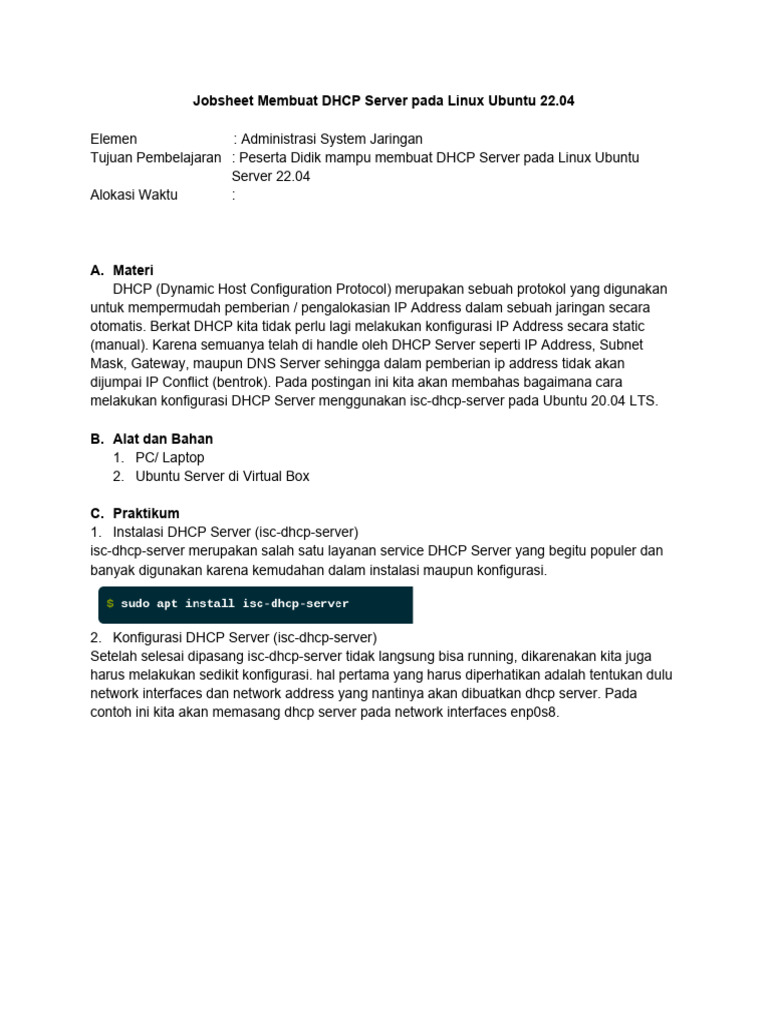 Jobsheet Membuat DHCP Server Pada Linux Ubuntu 22 | PDF | Komputer