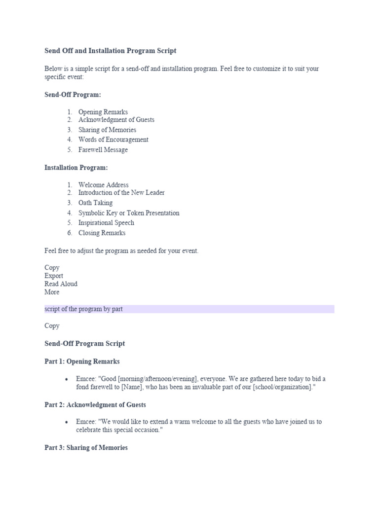 Send Off and Installation Program Script | PDF
