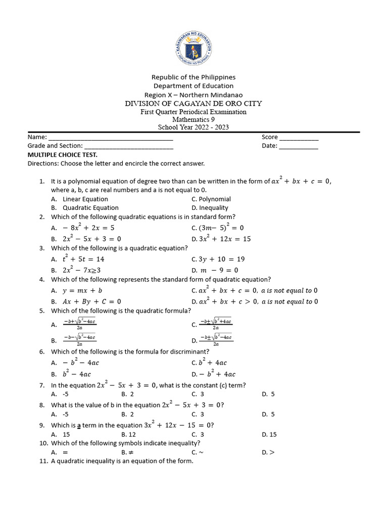 Mathematics Grade 9 1st Quarter Exam Final | PDF | Equations ...
