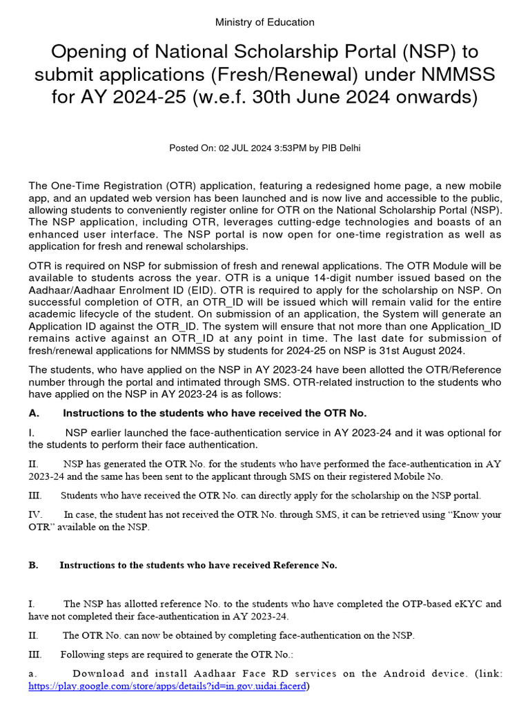 Opening of National Scholarship Portal NSP To Submit Applicatio | PDF ...