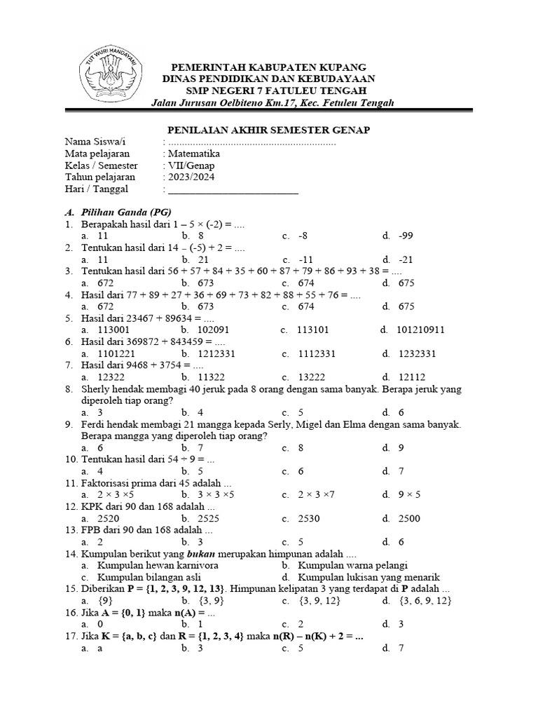 Soal PAS MTK Kls 7 - 2 TP. 2023 - 2024 | PDF