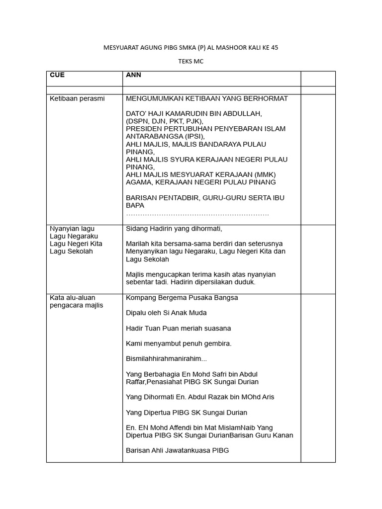 Teks MC Agm Pibg Kali Ke 45 | PDF