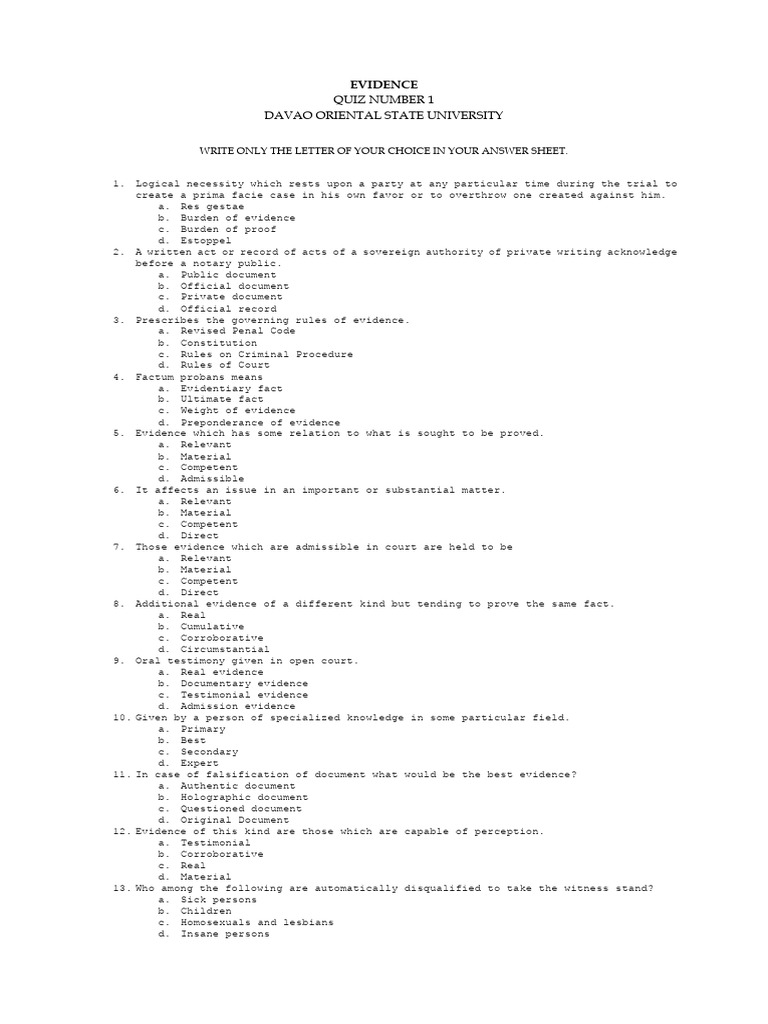 Quiz Evid | PDF | Evidence (Law) | Evidence
