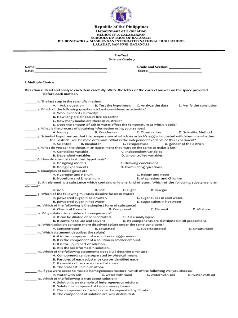 Pre Test Science G7 | PDF | Mixture | Solubility