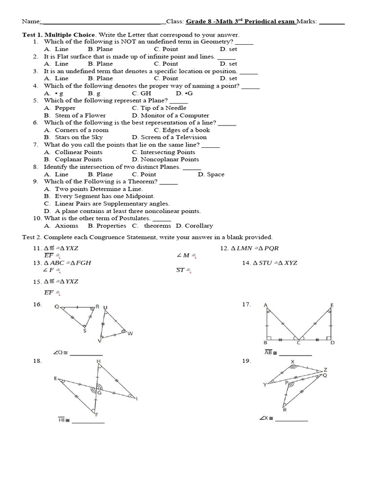 Grade 8 Geometry Periodical Exam | PDF | Line (Geometry) | Geometry