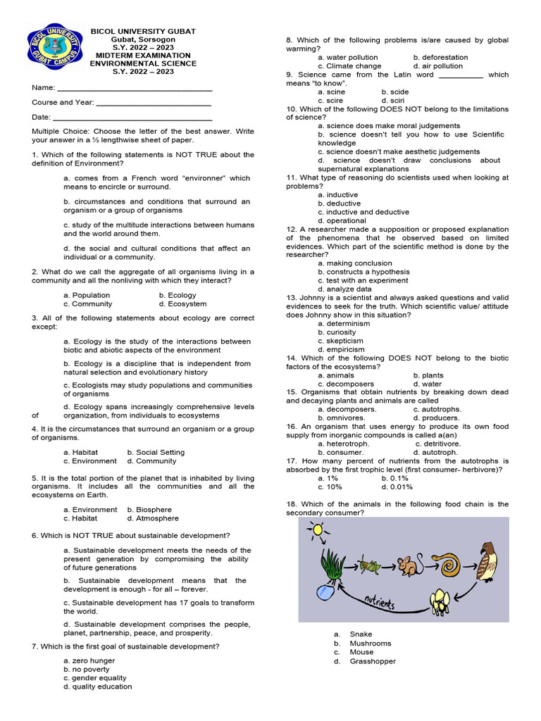 Envi Science - Midterm Examination | PDF | Ecology | Ecosystem