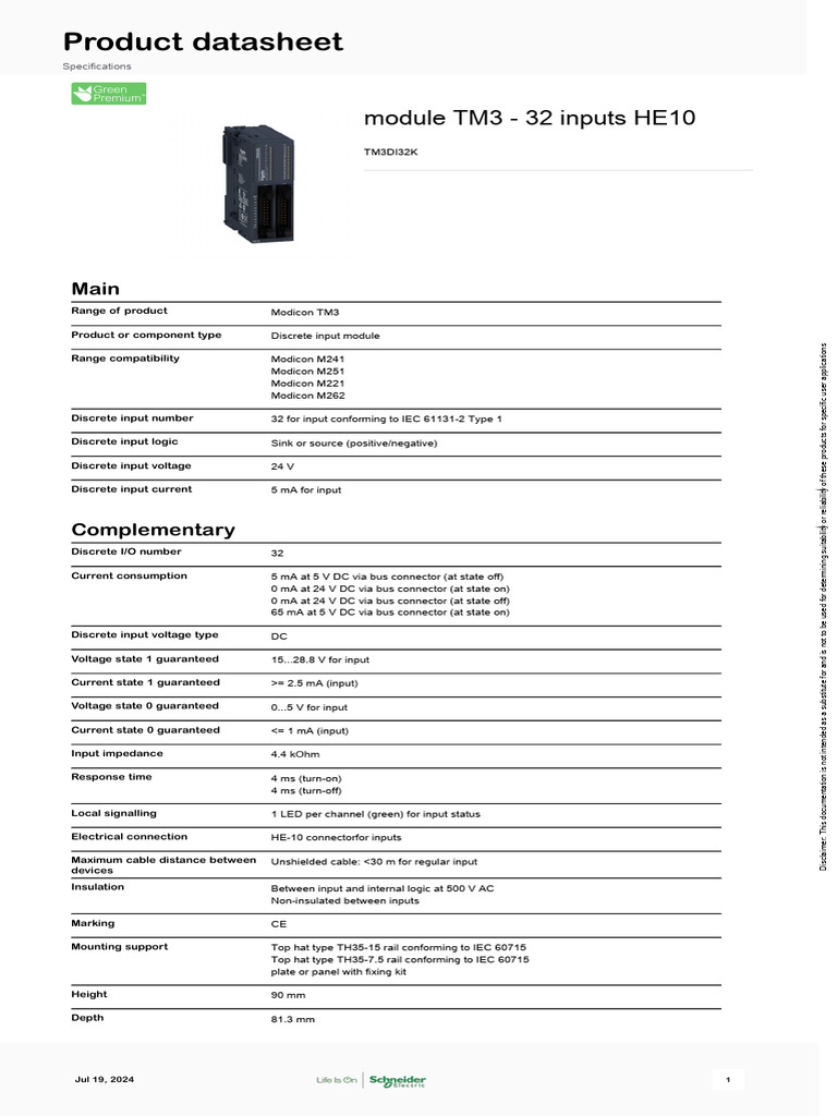 Modicon TM3 32-Input Module Specs | PDF | Electronics | Electromagnetism