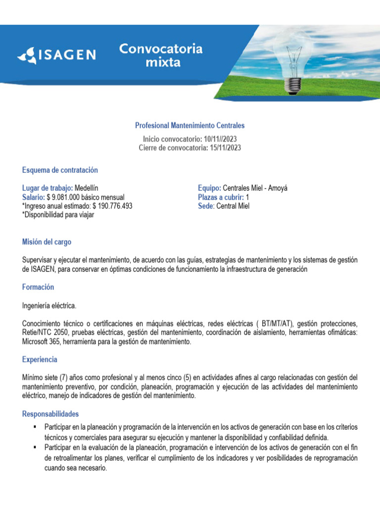 Convocatoria para Profesional en Ingenier A El Ctrica 1699801034 | PDF | Planificación