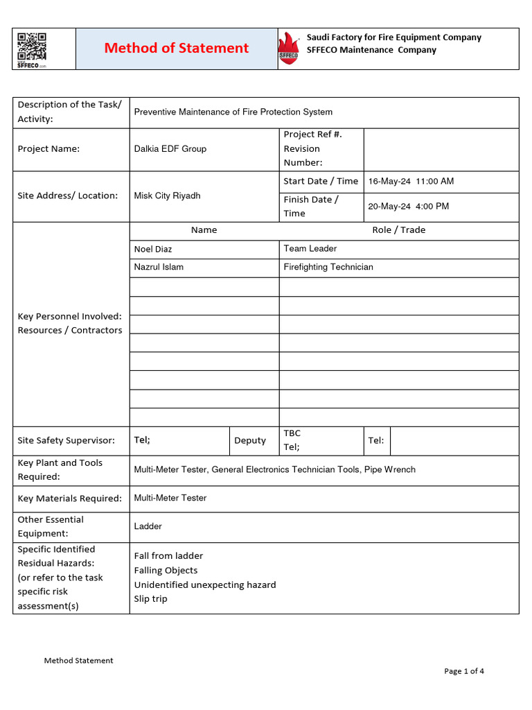 PPM-SFFECO Method of Statement-Misk City | PDF | Firefighting | First Aid