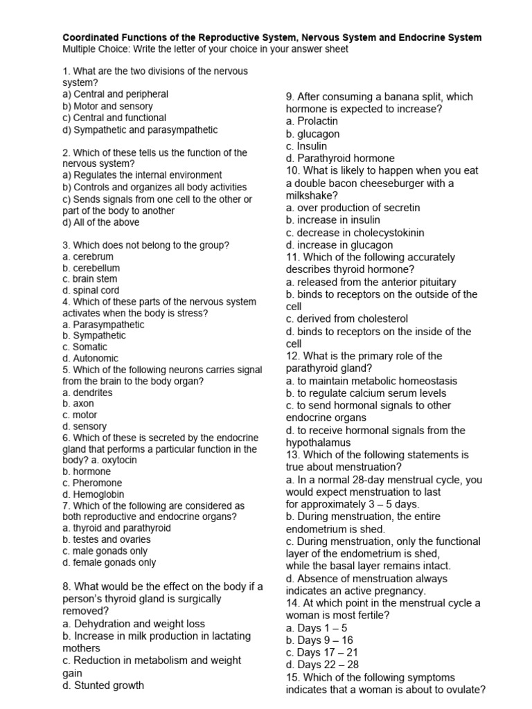 Reproductive, Nervous, and Endocrine Systems Quiz | PDF | Menstrual ...