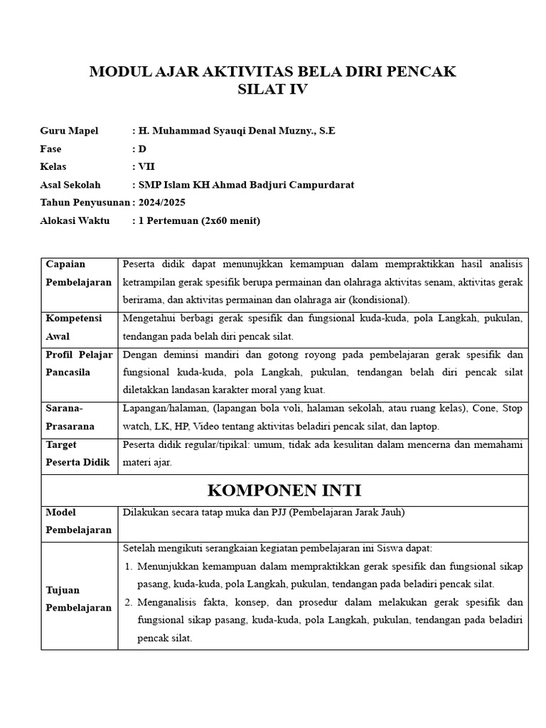 Modul Ajar Aktivitas Bela Diri Pencak Silat Iv | PDF | Karier & Perkembangan