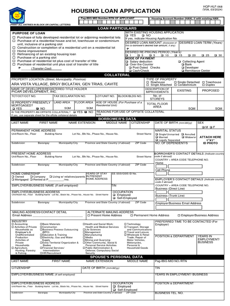 Pag-IBIG Housing Loan Application Form | PDF | Loans | Credit