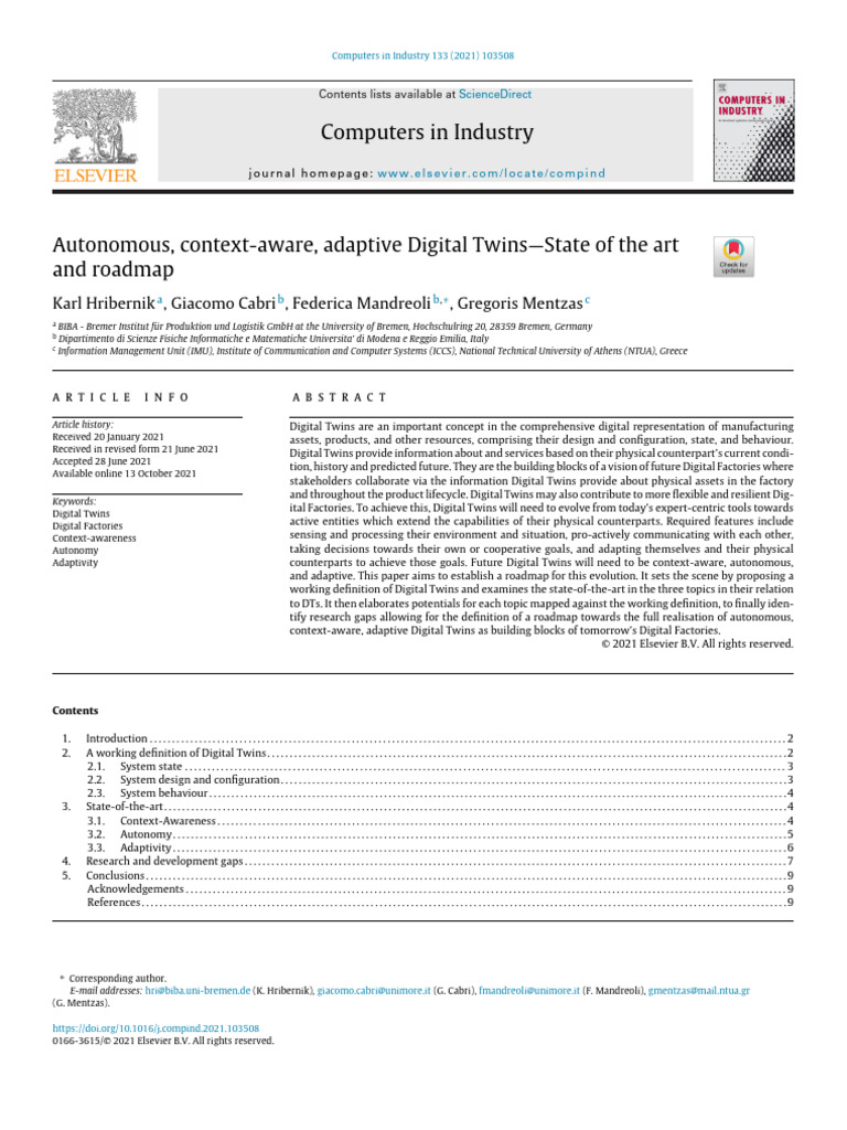 Autonomous, context-aware, adaptive Digital TwinsState of the art and roadmap | PDF | Internet ...