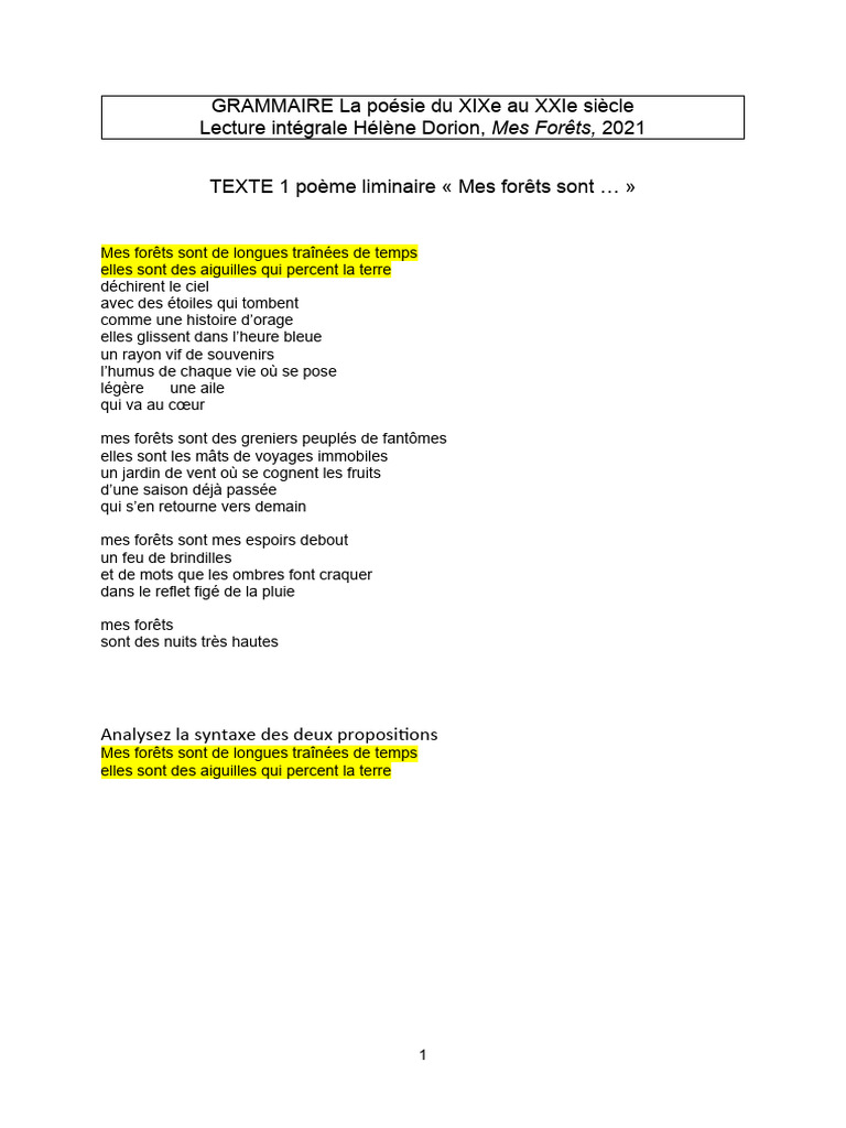 GRAMMAIRE Hélène Dorion Doc Élèves | PDF