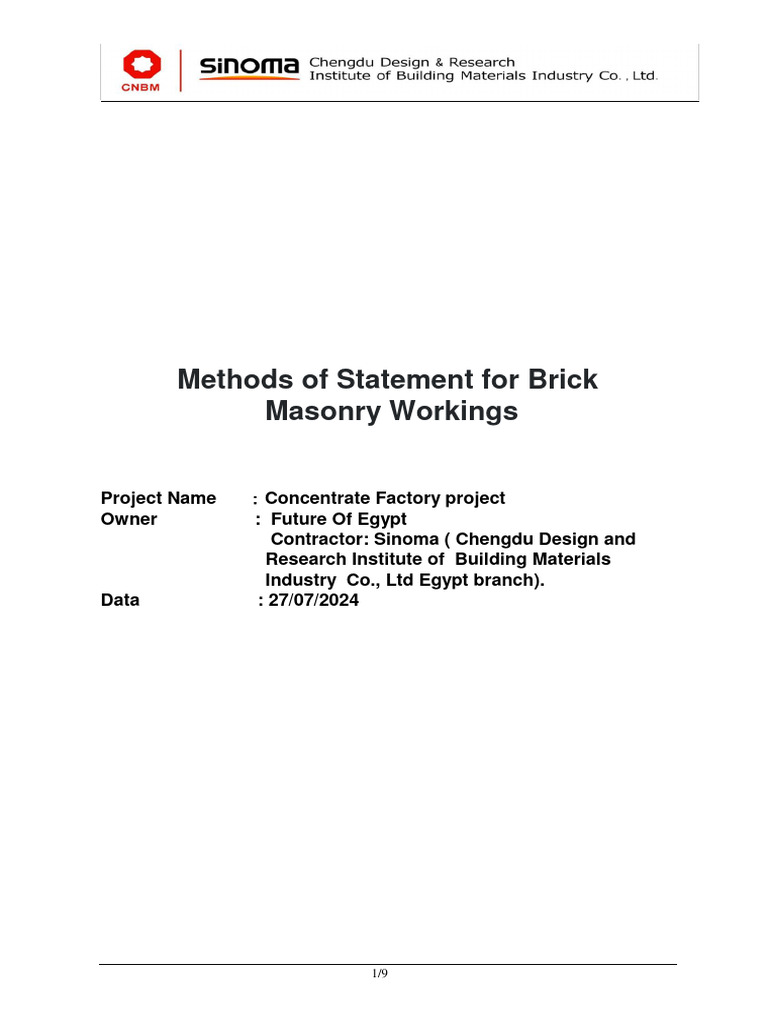 Brickwork Method Statement Overview | PDF | Brick | Masonry