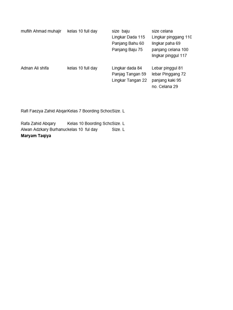 List Ukuran Seragam Kelas 7 & 10 2024-2025 | PDF