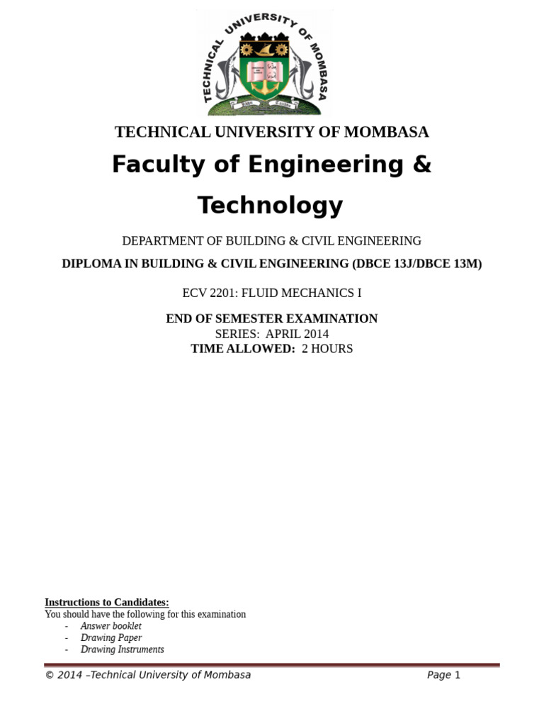 Fluid Mechanics I Ecv 2201 | PDF | Pressure | Pressure Measurement