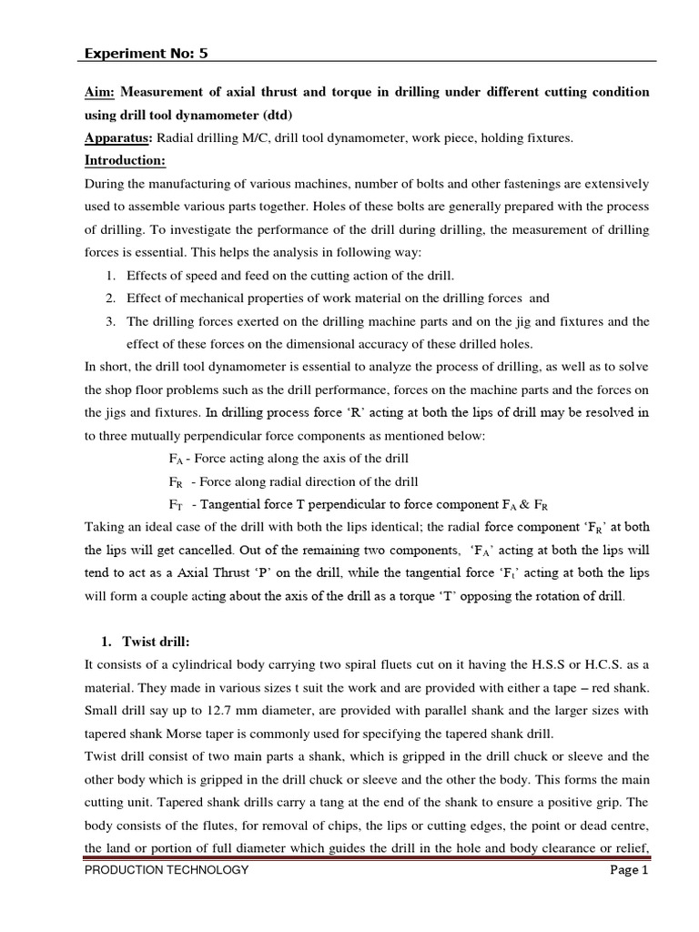 Experiment No 5 Drill Tool Dynamometer | PDF | Drill | Drilling