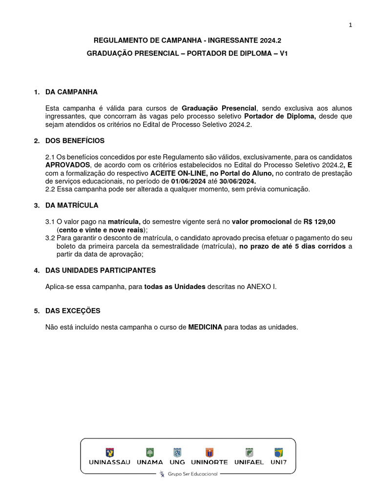 Regulamento - Ung - Graduação - Presencial - Portador de Diploma - 2024 ...