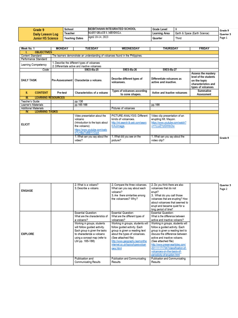 Grade 9 Earth Science Volcano Lesson Plan | PDF | Volcano | Lava