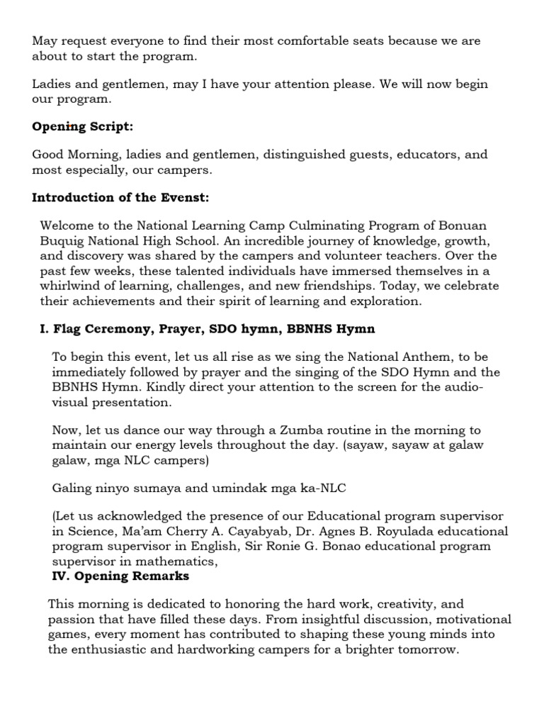 Script For NATIONAL LEARNING Camp Closing Program - Emcee | PDF