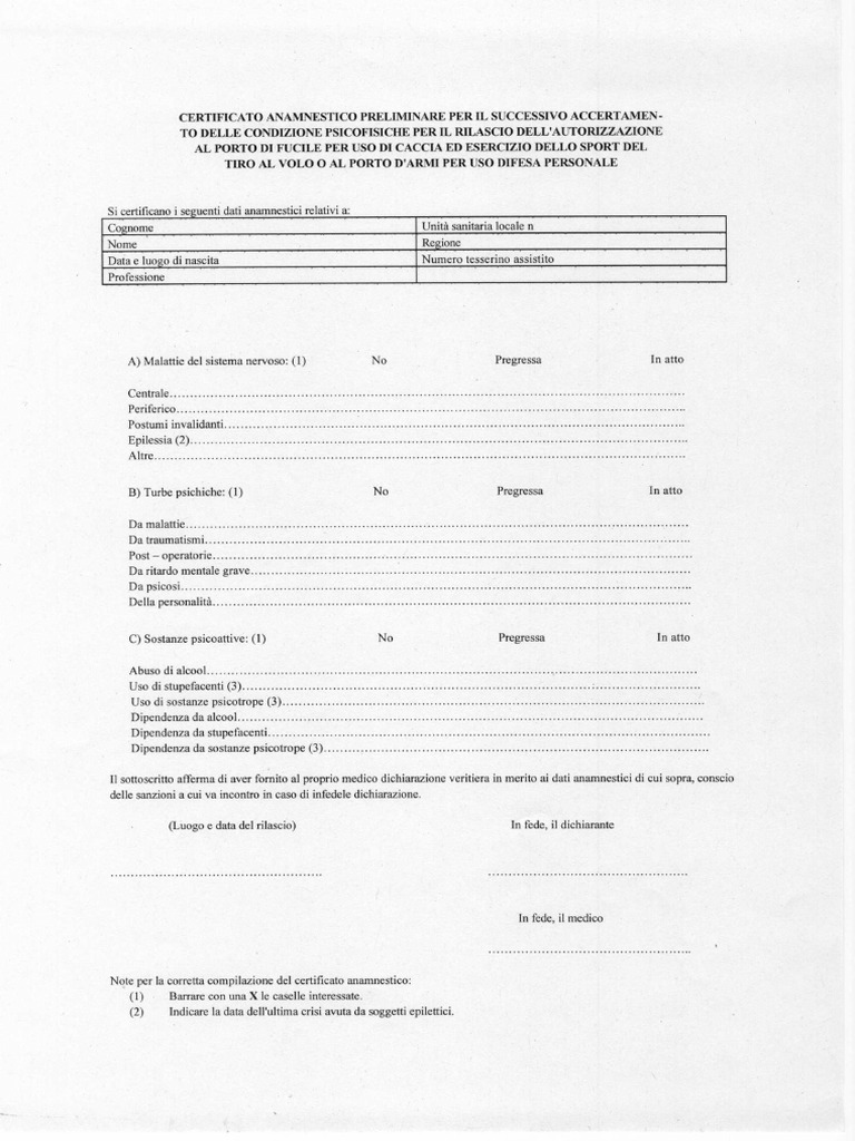Certificato Fac Simile Anamnestico Porto D Armi | PDF
