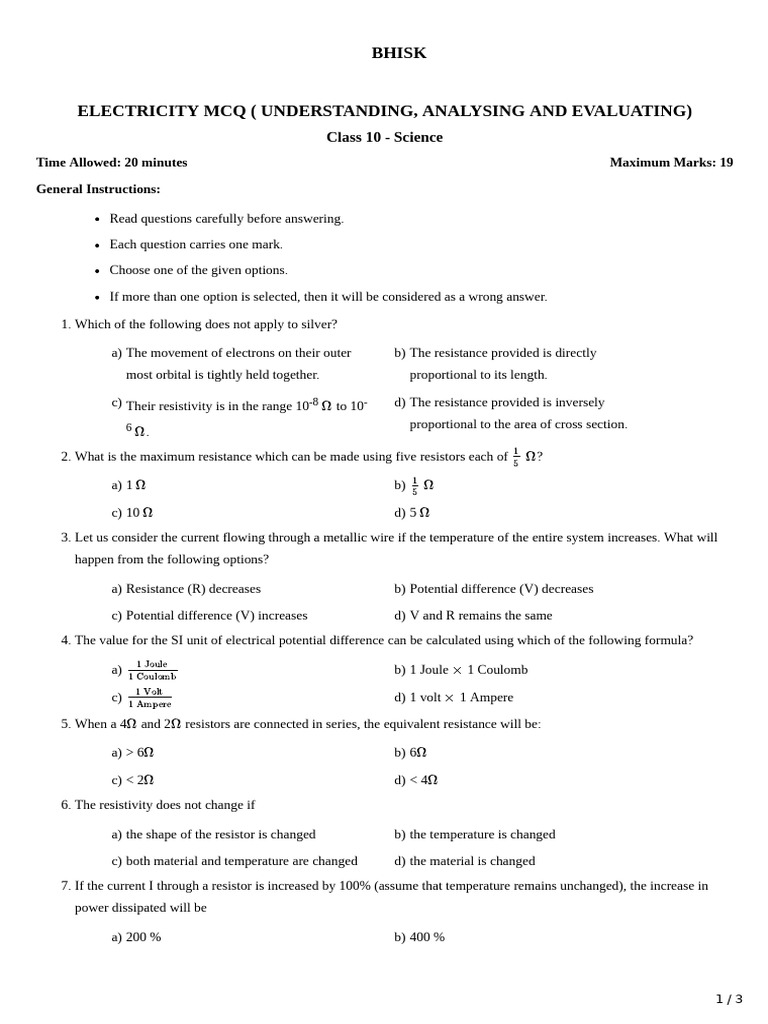 Electricity MCQ (U.A.E) | PDF | Electrical Resistance And Conductance | Volt