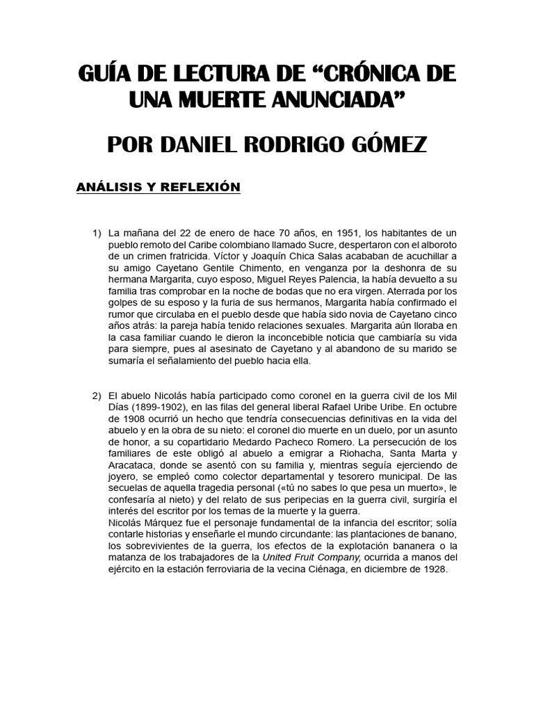 GUÍA DE LECTURA BACHILLERATO CRÓNICA DE UNA MUERTE ANUNCIADA POR DANIEL ...