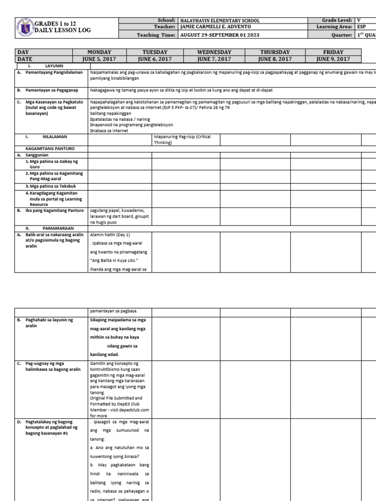 DLL - Esp 5 - Q1 - W1 | PDF
