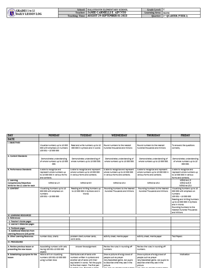 DLL - Math 5 - Q1 - W1 | PDF | Education Theory | Cognitive Science