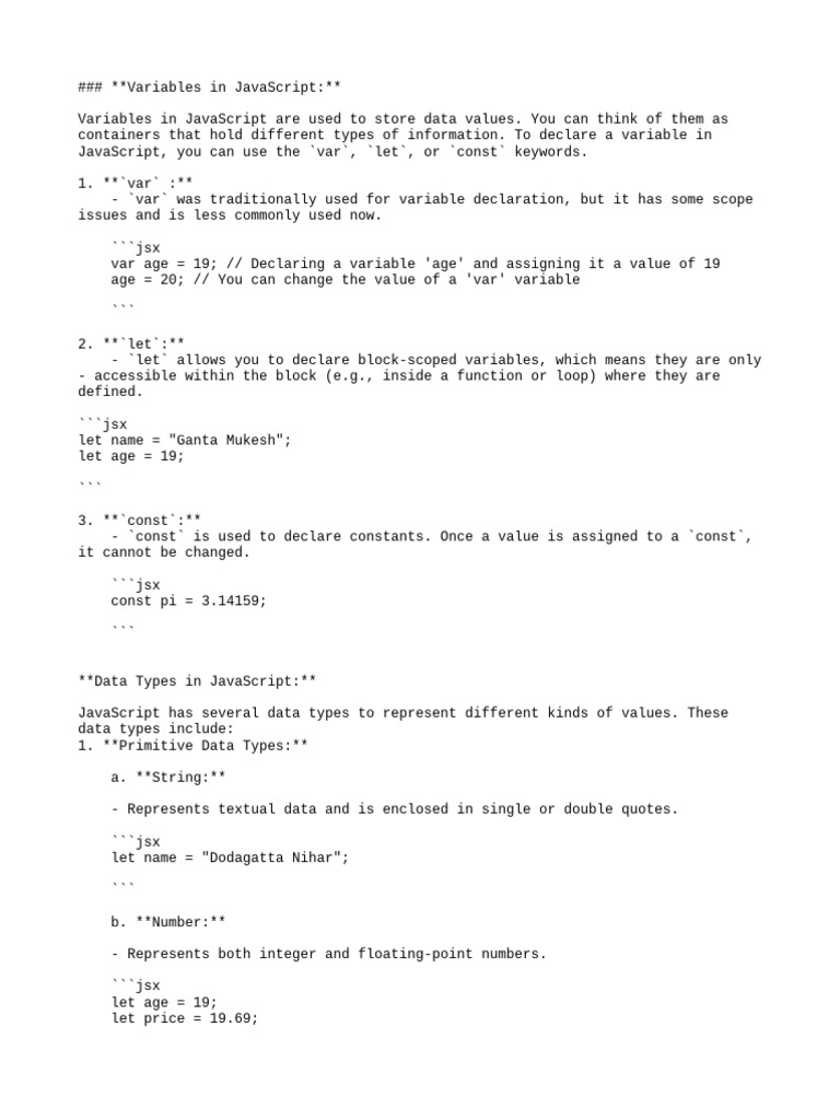 2.variables and Datatypes in Javascript | PDF | Data Type | Java Script