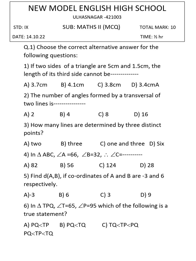 Math Quiz for 9th Graders | PDF