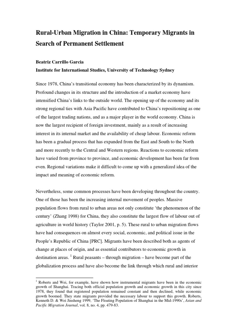 Rural-Urban Migration in China: Temporary Migrants in Search of ...