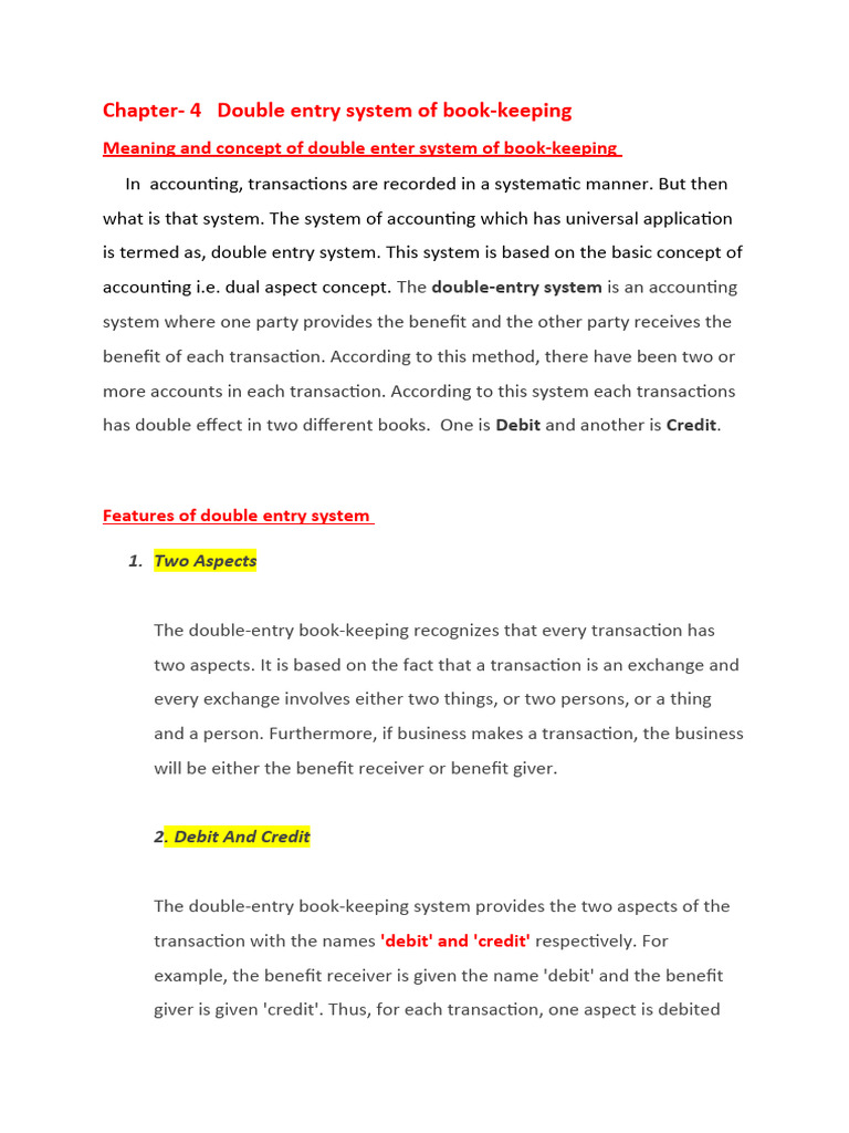 Chapter - 4 Double Entry System | PDF | Bookkeeping | Debits And Credits