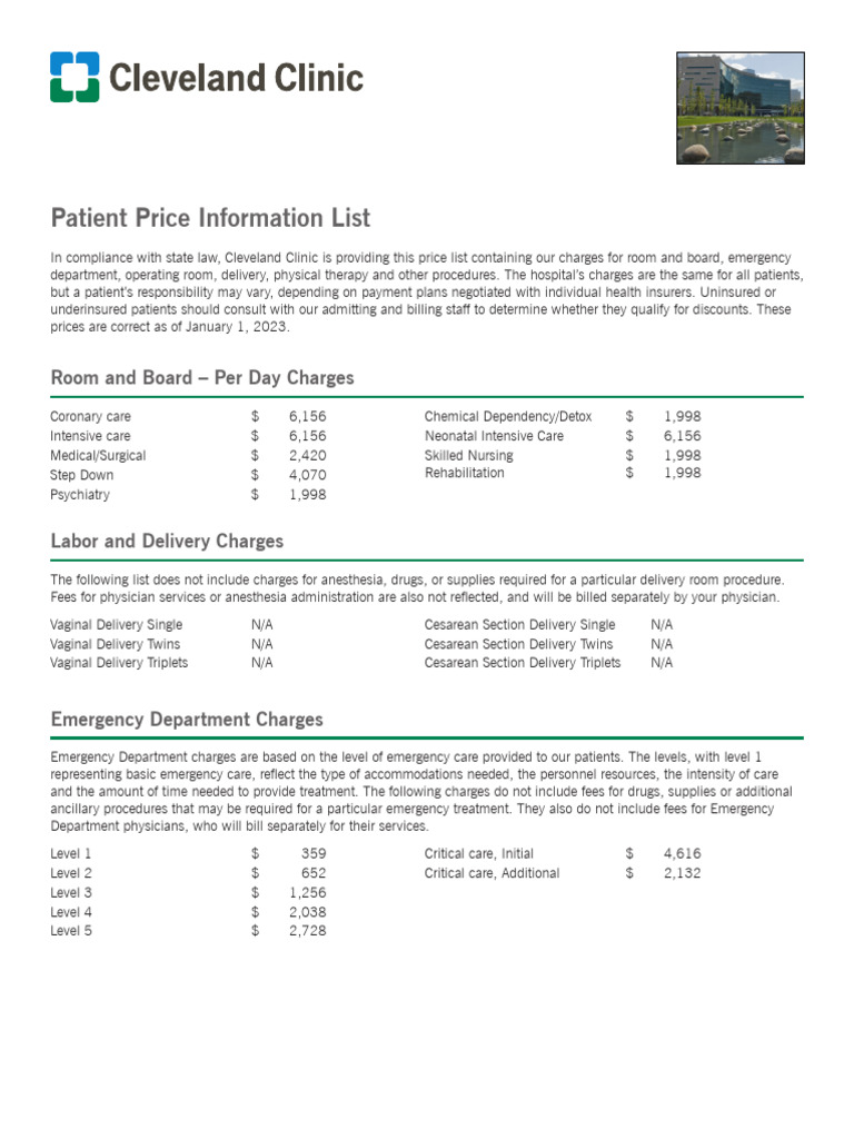 Cleveland Clinic Patient Price List | PDF | Childbirth | Caesarean Section