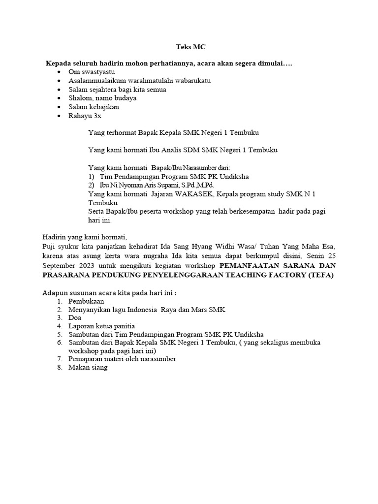 Teks MC Workshop SMK Negeri 1 Tembuku | PDF | Kajian Bahasa Asing